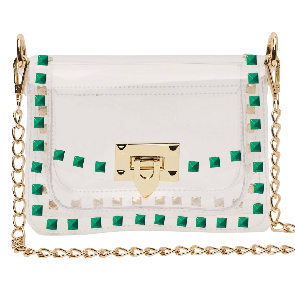 College Jewelry:LOTTIE PYRAMID STUD CLEAR STADIUM BAG-GREEN- Fan Glam
