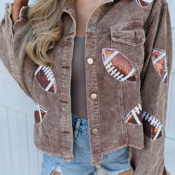 SEQUIN FOOTBALL CROPPED CORDUROY JACKET - MOCHA